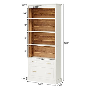 Tribesigns 5-Shelf Bookcase with File Cabinet Drawer, 72" Tall White Bookshelf, Modern Free-Standing Wood Bookcase, Large Open Display Storage Book Shelf for Living Room, Home Office, White & Oak