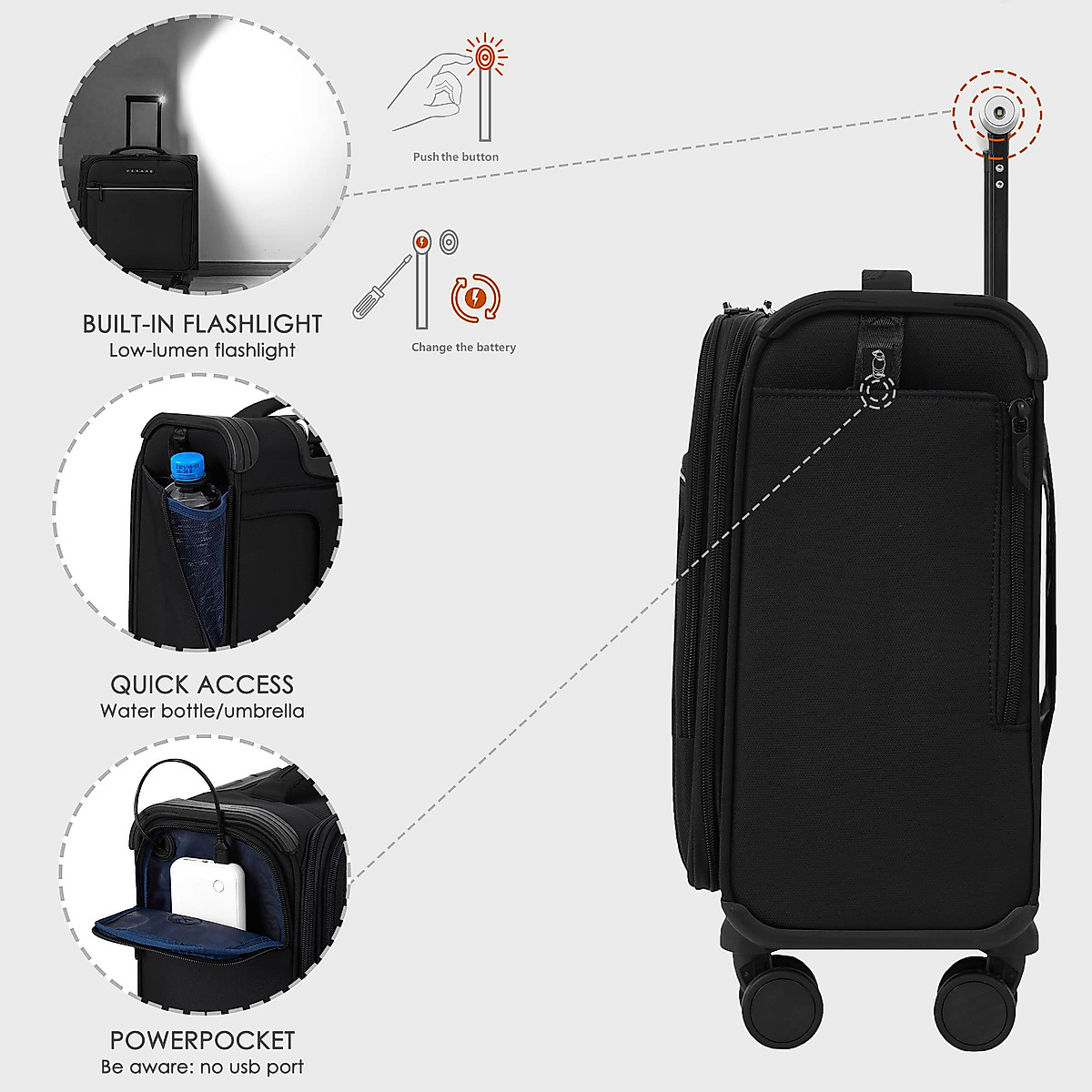 Verage Toledo Underseat Carry On Luggage 15-Inch Softside Small Suitcase with Spinner Wheels & USB Port (Black, Carry-On 15-Inch)