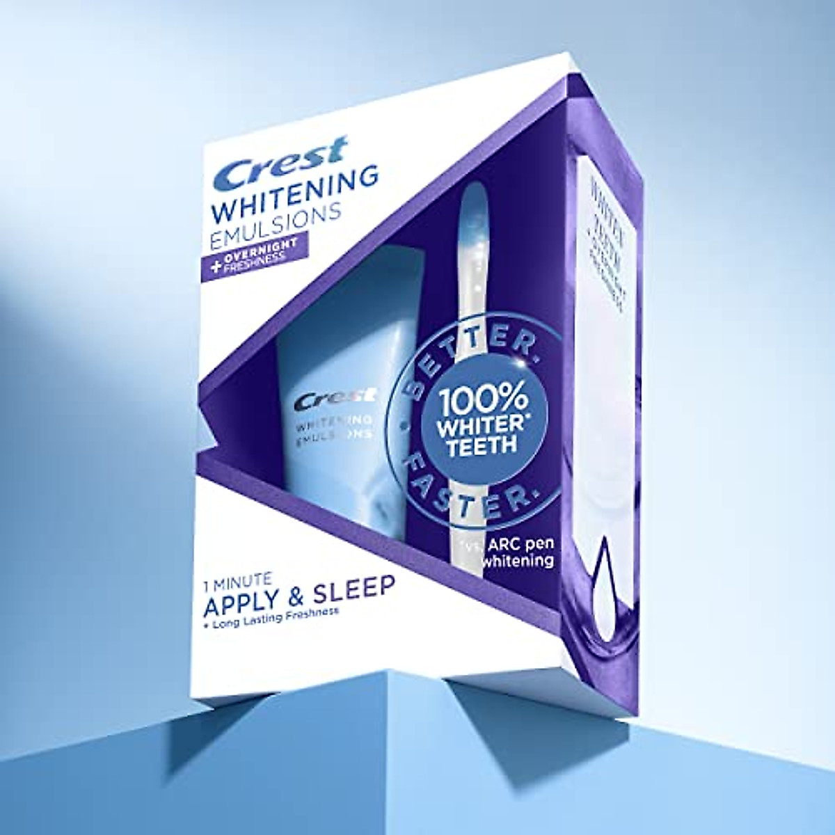 Crest Whitening Emulsions Leave-On Teeth Whitening Gel Kit + Overnight Freshness with Wand Applicator and Stand, Apply & Sleep, 0.88 Oz