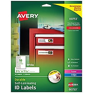 Avery Professional Grade Self-Laminating Water Resistant ID Labels, 3-1/2" x 1-1/32", 50 Pack (00753)