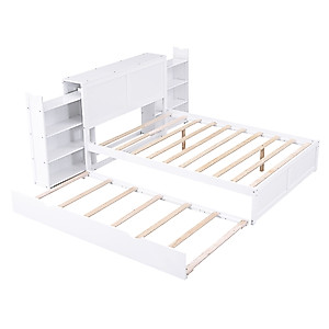 Lifeand Full Size Storage Platform Wooden Bed with Pull Out Shelves and Twin Size Trundle, White