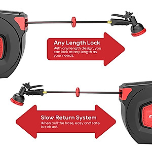 ECOMAX ELG09 1/2in. x 100ft Retractable Garden Hose Reel, Heavy Duty Water Hose Reels, Any Length Lock, Slow Return System, 8 Pattern Hose Nozzle, Wall-mounted & 180° Swivel Bracket, Black & Red