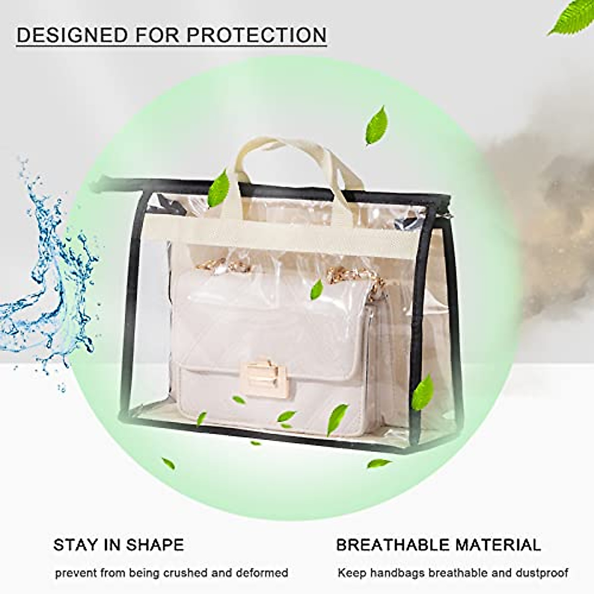 10Pcs Clear Handbag Storage Organizer Dust Cover Bags, LASZOLA 5 Sizes Transparent Purse Protector Storage Bag with Zipper and Handle for closet shelf - Dustproof & Moistureproof (Black+ Beige)