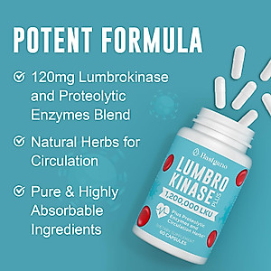 Lumbrokinase Supplement, 1.2 Million LKU - 120mg Capsules, Potent Nattokinase Alternative with Proteolytic Enzymes and Herbal Blend