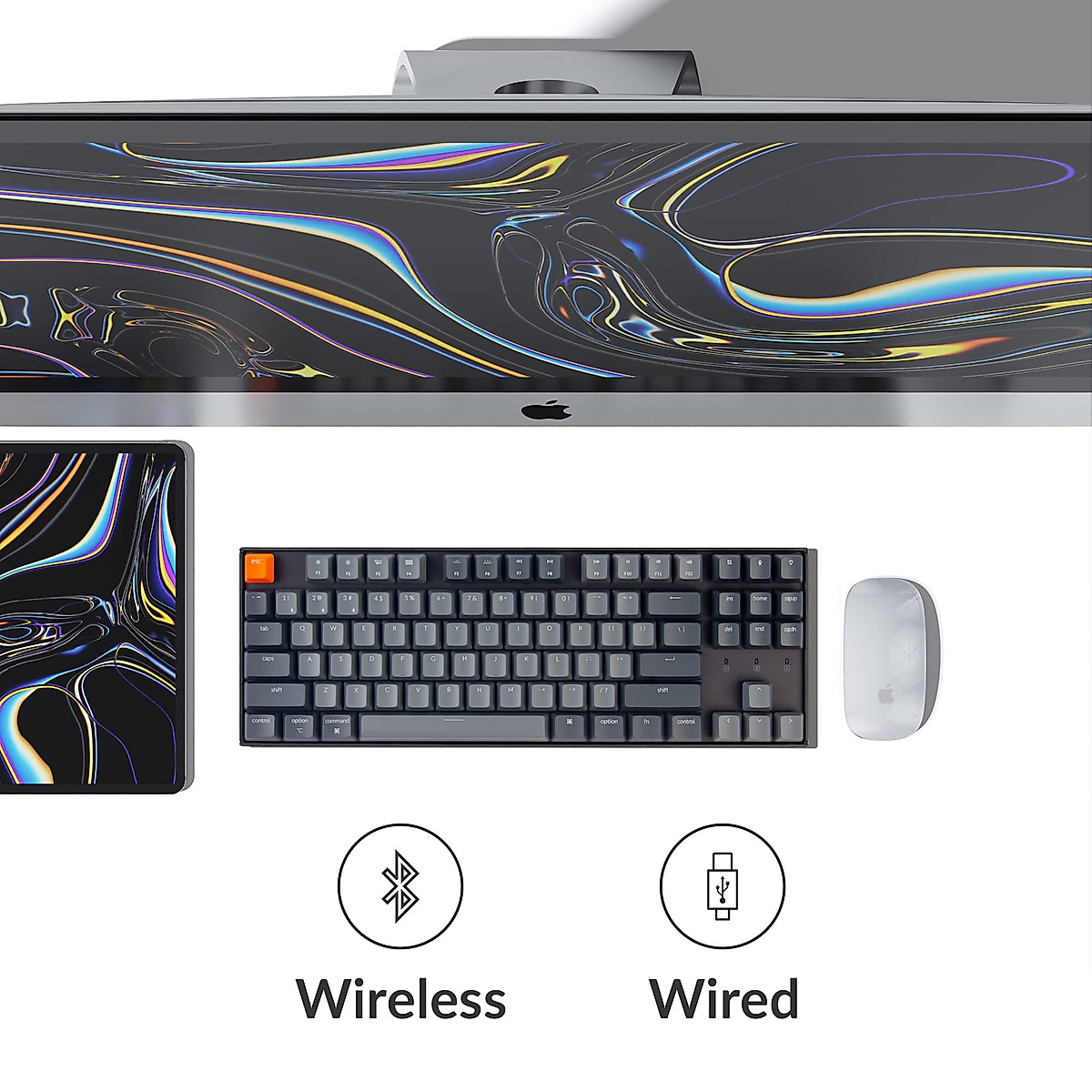 Keychron K8 87 Keys Tenkeyless Hot-swappable Wireless Mechanical Keyboard, Multitasking, Type-C Wired, White LED Backlight Bluetooth Gaming Keyboard for Mac Windows with Gateron Optical Blue Switch