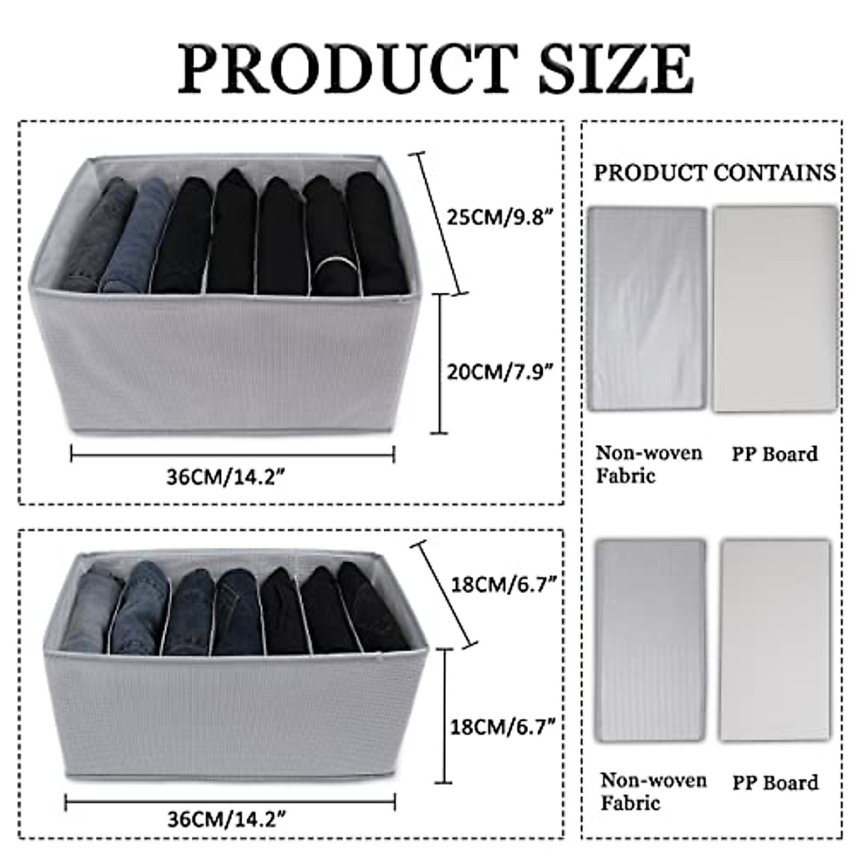 Wardrobe Clothes Organizer (2pcs), Foldable Grid Storage Box with Multiple Layers, Portable Washable Storage Containers for Underwear, Socks, Scarves, Skirts, T-shirts, Jeans(Grey, Sturdy PP Board)