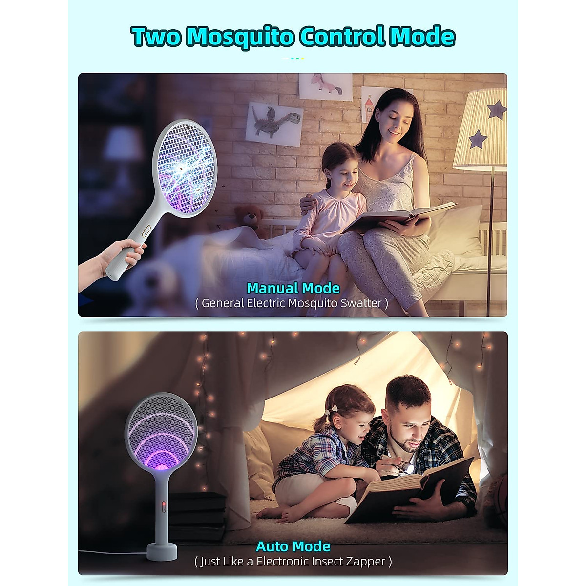 YISSVIC Electric Fly Swatter 4000V Bug Zapper Racket Dual Modes Mosquito Killer with Purple Mosquito Light Rechargeable for Indoor and Outdoor Home Office Backyard Patio Camping (1 Pack)