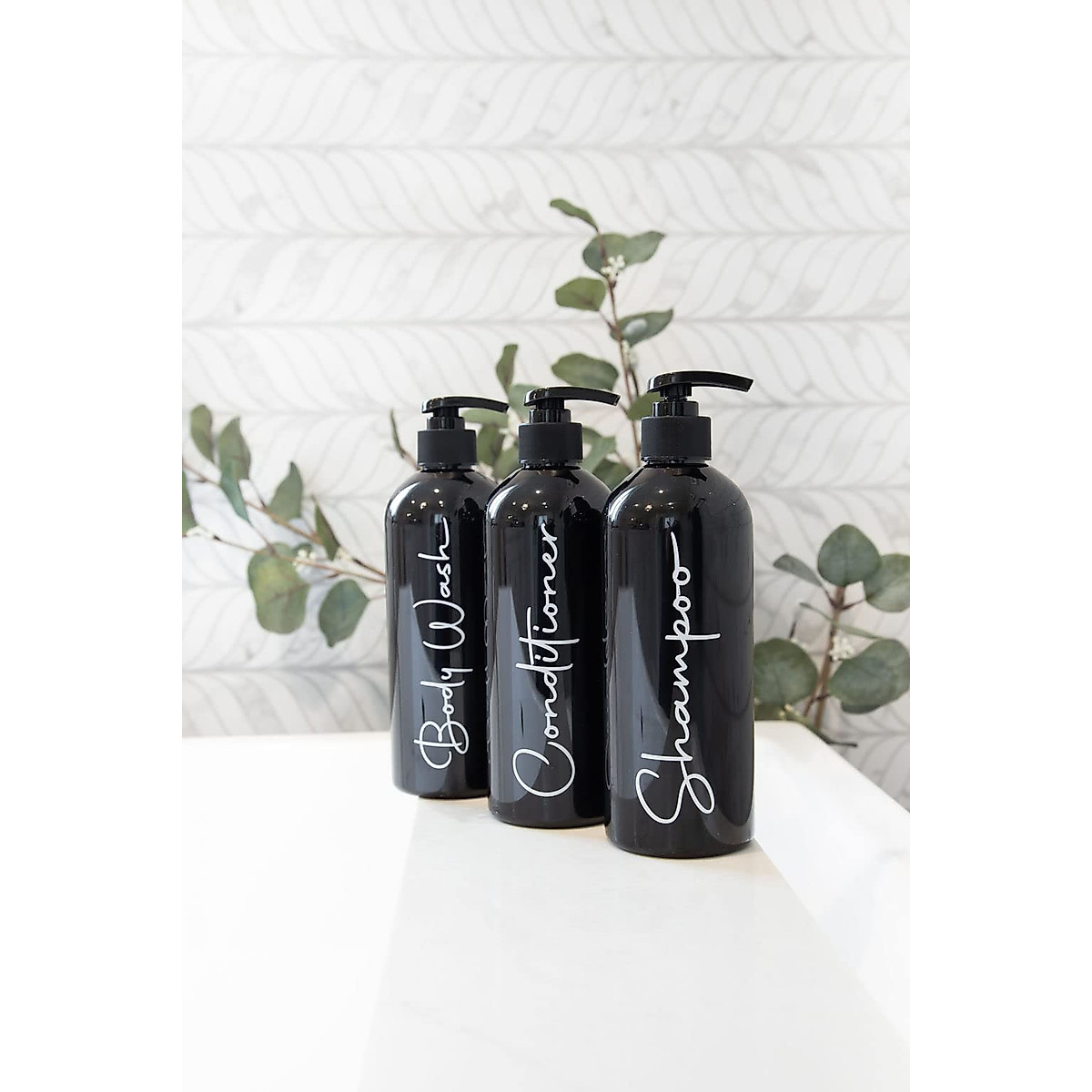 Alora Reusable Shampoo and Conditioner Bottles - Set of 3 - Matte Black - Permanent Stylish Labels - 16oz Pump Bottle Dispenser for Shampoo, Conditioner, Body Wash - Plastic Refillable Containers…