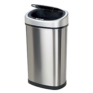 NINESTARS DZT-50-9 Automatic Touchless Infrared Motion Sensor Trash Can, 13 Gal 50L, Stainless Steel Base (Oval, Silver/Black Lid)