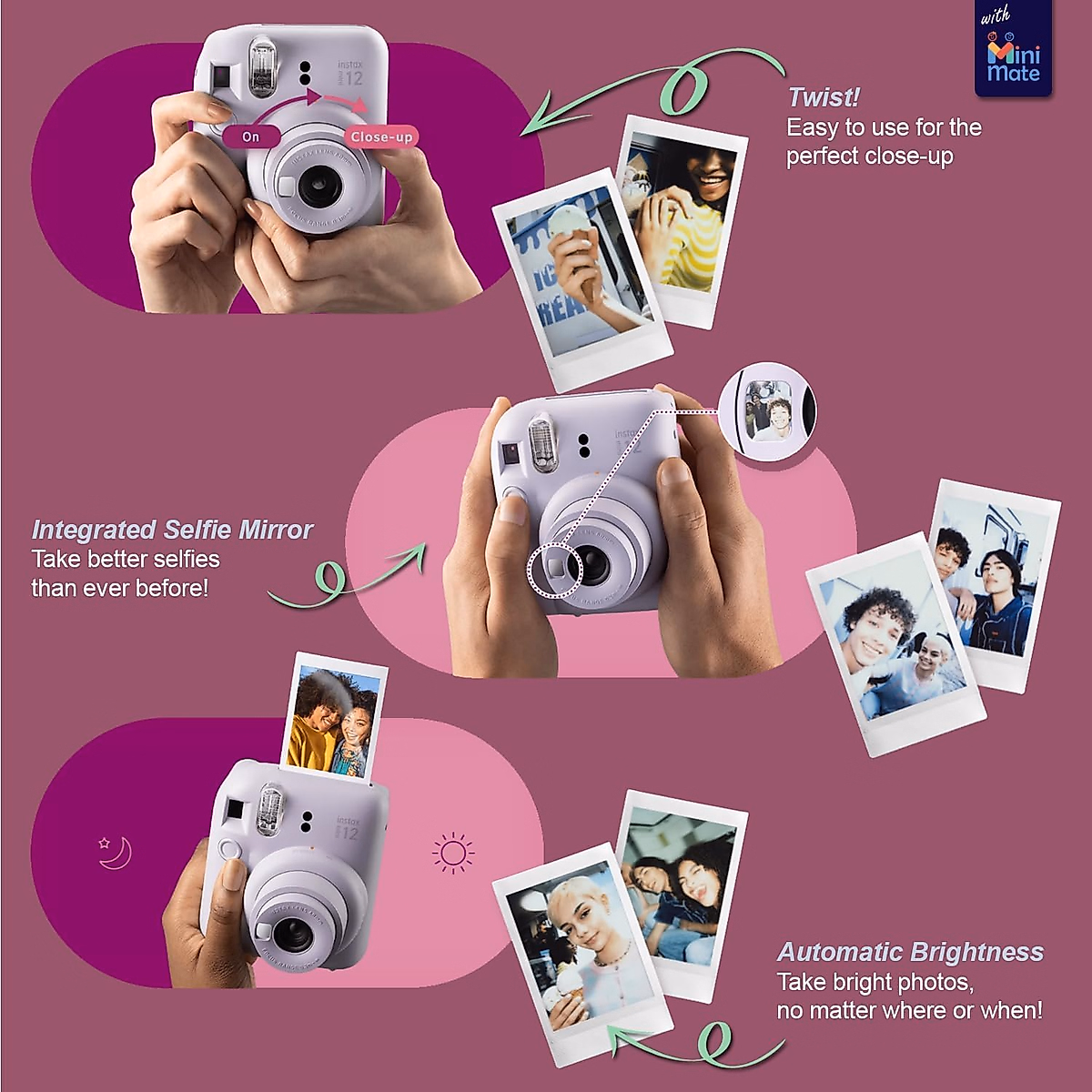 Fujifilm Instant Mini 12 Instant Camera Lilac Purple + MiniMate Accessory Bundle & Compatible Custom Case + Fuji Instant Film Value Pack (50 Sheets) Designer Photo Album (Lilac Purple)