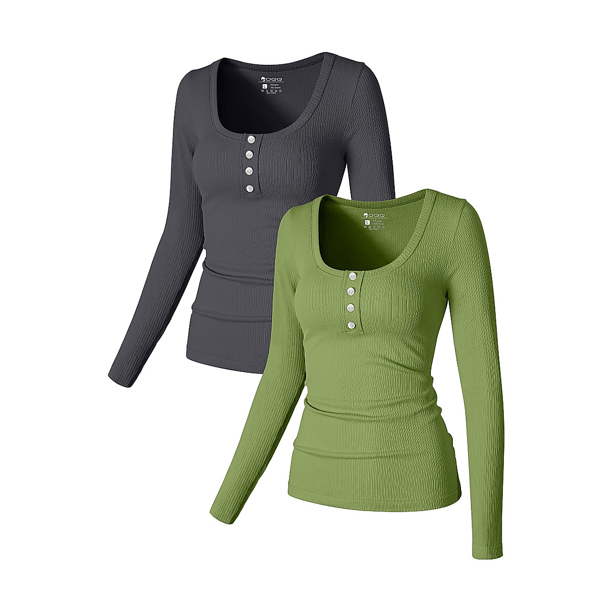 OQQ Women's 2 Piece Long Sleeve Seamless Ribbed Button Stretch Shirt, Darkgrey,avocado Green, Large