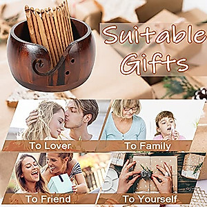 Wood Yarn Storage Bowl, Yarn Bowl for Crocheting with 12 Pieces Bamboo Crochet Hooks, 3.2”x 5.3”, Wooden Yarn Ball Holder for Crocheting Knitting DIY Crafts Tools