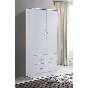 HODEDAH IMPORT Two Door Wardrobe, with Two Drawers, and Hanging Rod, White.