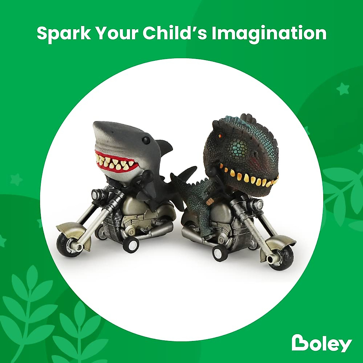 Boley Dinosaur Cars - T-Rex, Triceratops, Rhinoceros, and Shark Rev Up Toy Car for Boys, Girls, and Toddlers - Pull Back Car for Kids Ages 3 and Up