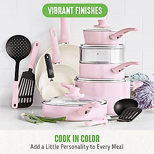 GreenLife Soft Grip Healthy Ceramic Nonstick, 16 Piece Cookware Pots and Pans Set, PFAS-Free, Dishwasher Safe, Soft Pink