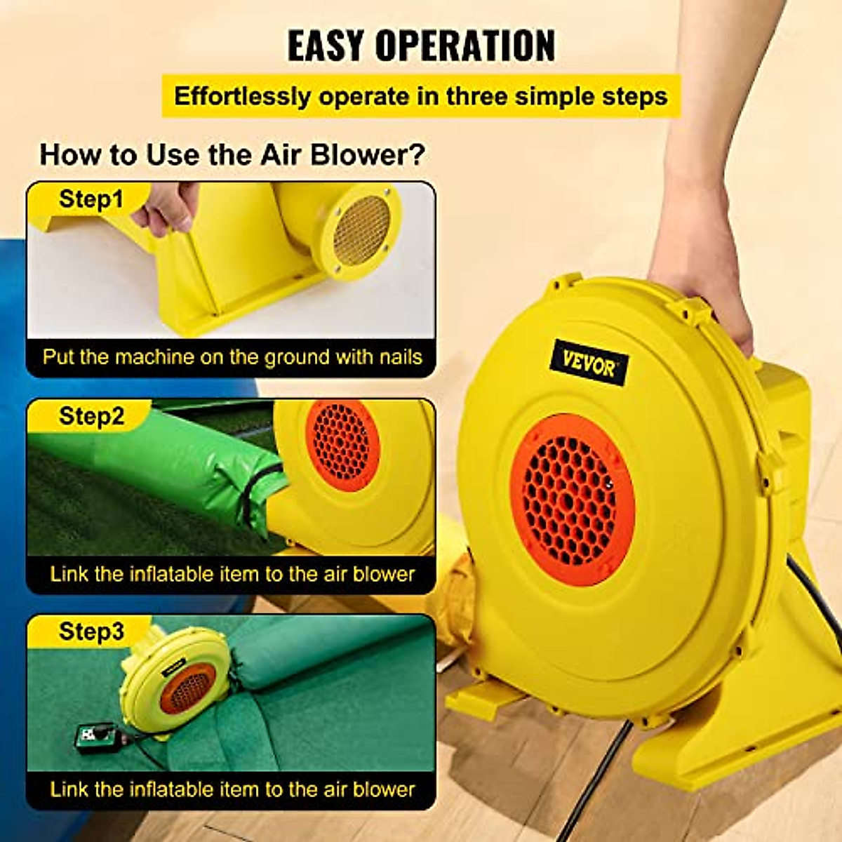 VEVOR Air Blower, 750W 1HP Inflatable Blower, Portable and Powerful Bounce House Blower, 2000Pa Commercial Air Blower Pump Fan, Used for Inflatable Bouncy Castle and Jump Slides, Yellow