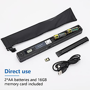 Portable Scanner Handheld Scanner for A4 Documents, Photo,Pictures,Receipt. Scanner Wand for Flat Scanning, UP to 900 DPI ，Include 16G SD Card，a Pair of AA Batteries