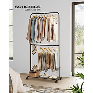 SONGMICS Clothes Rack with Wheels, 35.8 Inch Double-Rod Garment Rack, Clothing Rack for Hanging Clothes, with Dense Mesh Storage Shelf, 44 lb Load Capacity, 2 Brakes, Steel Frame, Black UHSR027B01