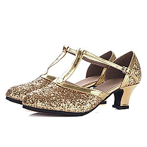 DKZSYIM Women's Latin Dance Shoes Ballroom Performance Dance Shoes Model KM838, Gold, 9 B(M) US