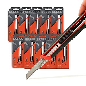 Pack of 10, DORCO Professional Quality Utility Box Cutter Knife S102 - Auto-Lock Safety System, Ergonomic, Retractable, Built-In Snap-Off Tool, Replaceable Carbon Steel Blade, 60° Tip - 9mm
