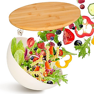 ShineMe Salad Bowl with Lid, Natural Bamboo Fiber Serving Bowls Set of 3 with Utensils & Lids, Mixing Bowls for Preparing, Storing and Serving for Cereal, Fruit,Chips, Bread(10",8",6")