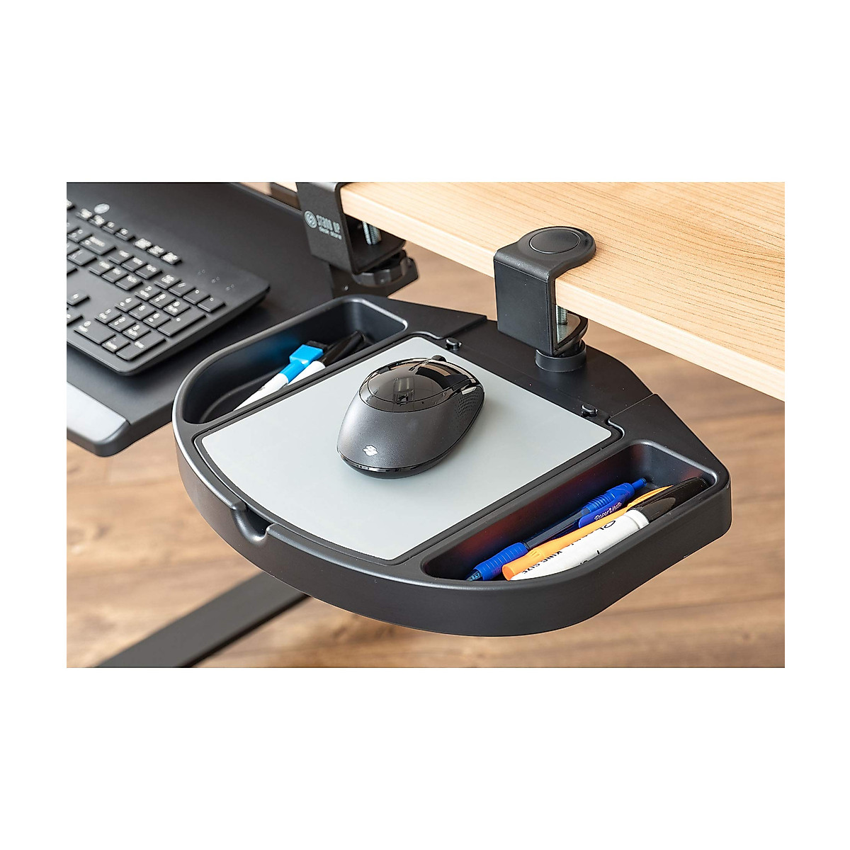 Stand Up Desk Store Clamp On 360 Degrees Swivel Out Mouse Tray with Storage for Desks and Tables Up to 1.5" Thick