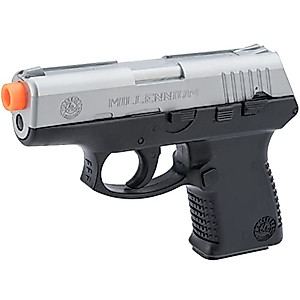 AirSoft Swiss Arms Millennium PT 111 Spring Powered Airsoft Pistol with Hop-Up and Slide Serrations, 180-200 FPS, Silver