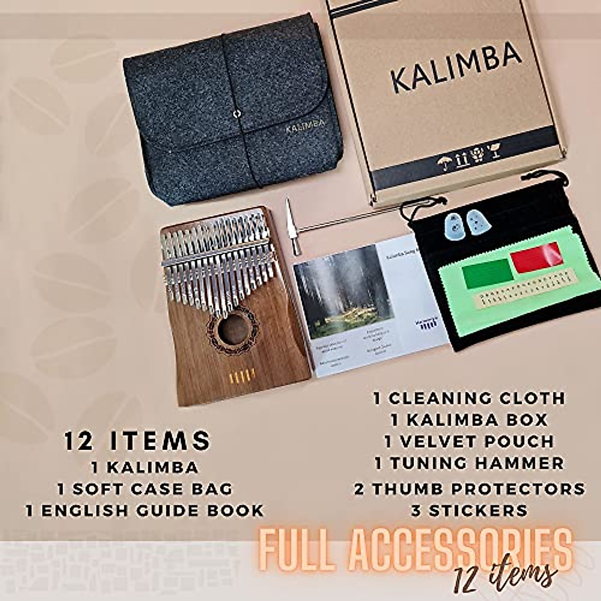 Harmonyx Kalimba 17 key Thumb Piano w Engraved Notes - hand piano complete kit with soft case, well tuned, ideal set for self, children and adults (Round Hole, Walnut)