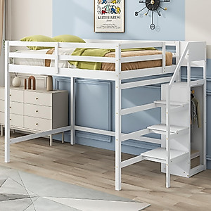Harper & Bright Designs Full Size Loft Bed with Wardrobe and Staircase, Wooden Full Loft Bed Frame, High Loft Bed for Kids Teens Adults, White
