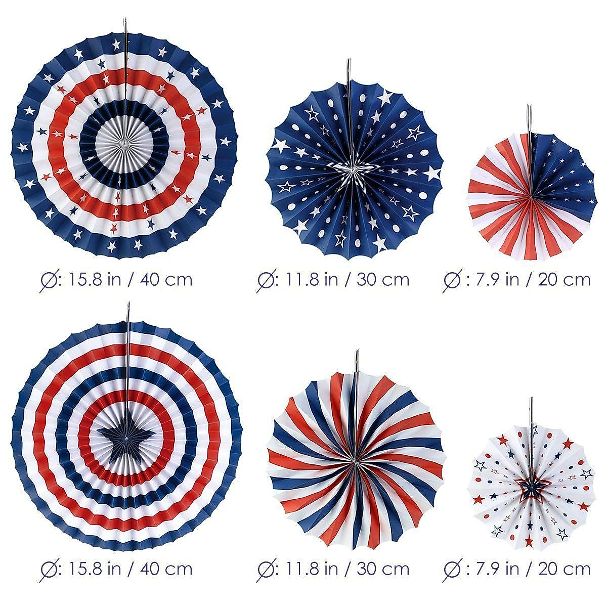 Risshine 4th/Fourth of July Patriotic Party Decorations Set- Red White/Silver Blue Star Streamers and 6Pcs Red White Blue Hanging Paper Fans for American Independence Day Party Decor Supplies