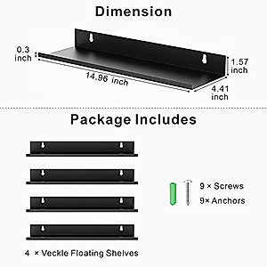 Veckle Bathroom Shelf, Floating Shelves Set of 4, Wall Mounted Modern Rustic Shelf Ledge, Metal Wall Shelve 15 in W x 4.5 in D, Black