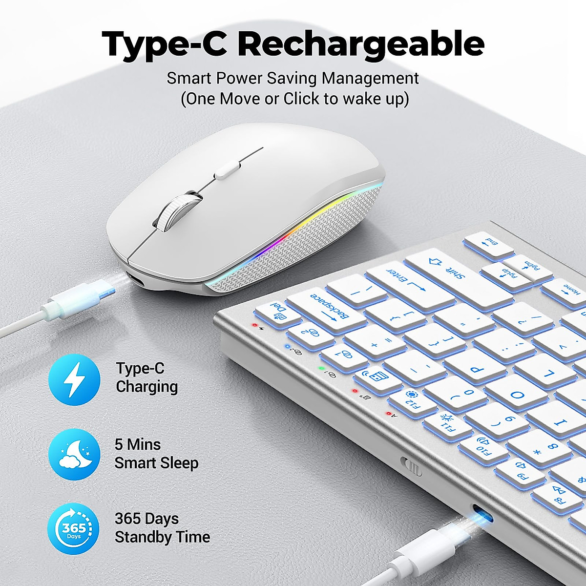 FENISIO Wireless Keyboard Mouse, Ultra Slim Bluetooth 2.4G Slient Wireless Keyboard and Mouse Combo with Backlit, Multi-Device USB Rechargeable Keyboard Mouse for Laptop PC Windows Desk (Silver White)