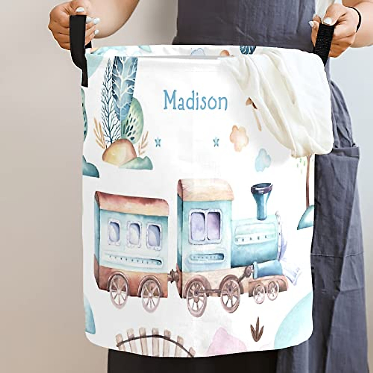 Magic Airplane Train Personalized Laundry Hamper ,Custom Name Collapsible Waterproof Laundry Basket Storage Bins with Handle for Clothes,Toy,Nursery