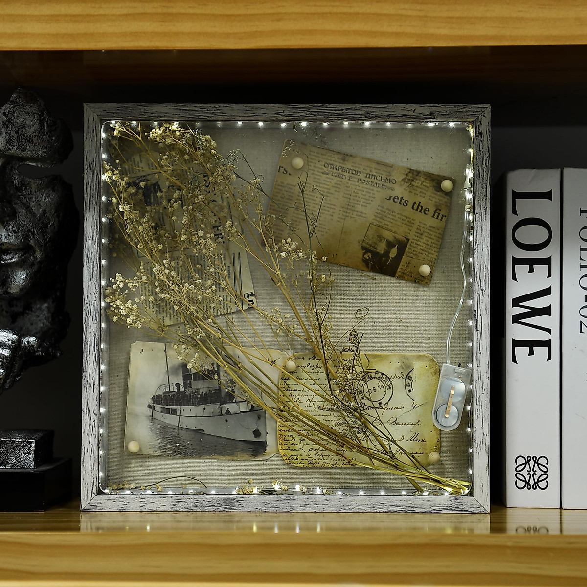 Deep Shadow Box with Light Hanging Display Case Wooden Memory Box Picture Frame Display Keepsake Box for Wall and Tabletop Tickets Memorabilia Bouquet Keepsakes Gift
