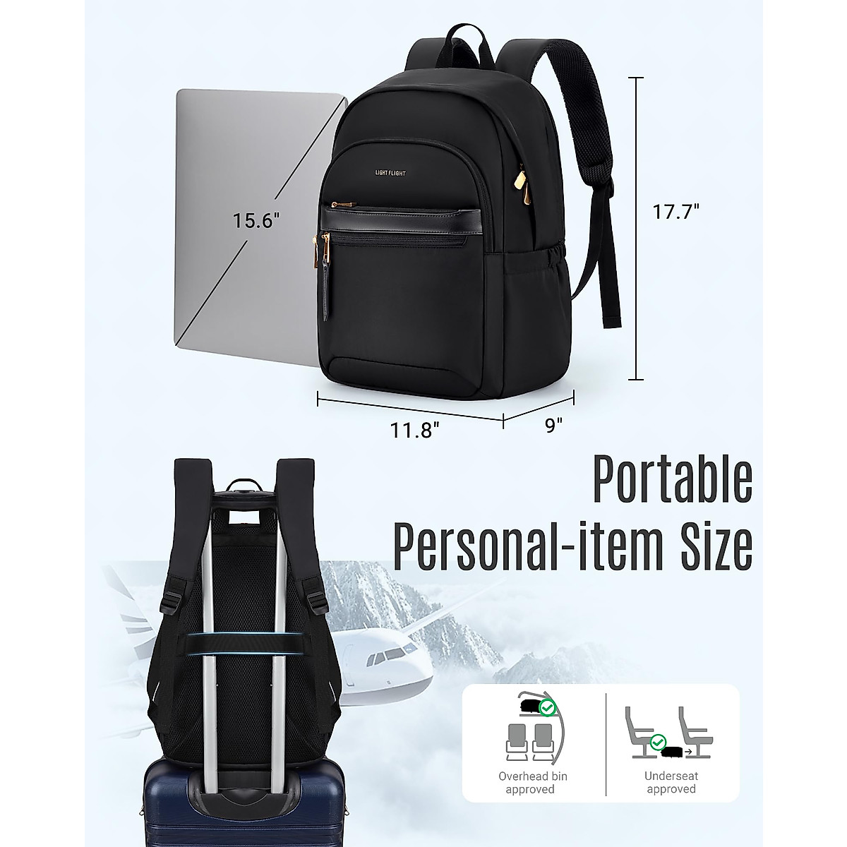 LIGHT FLIGHT Laptop Backpack for Women fits 15.6'' Computer School Backpack with USB Charging Port, for Book Bag Work College Business Travel,Black