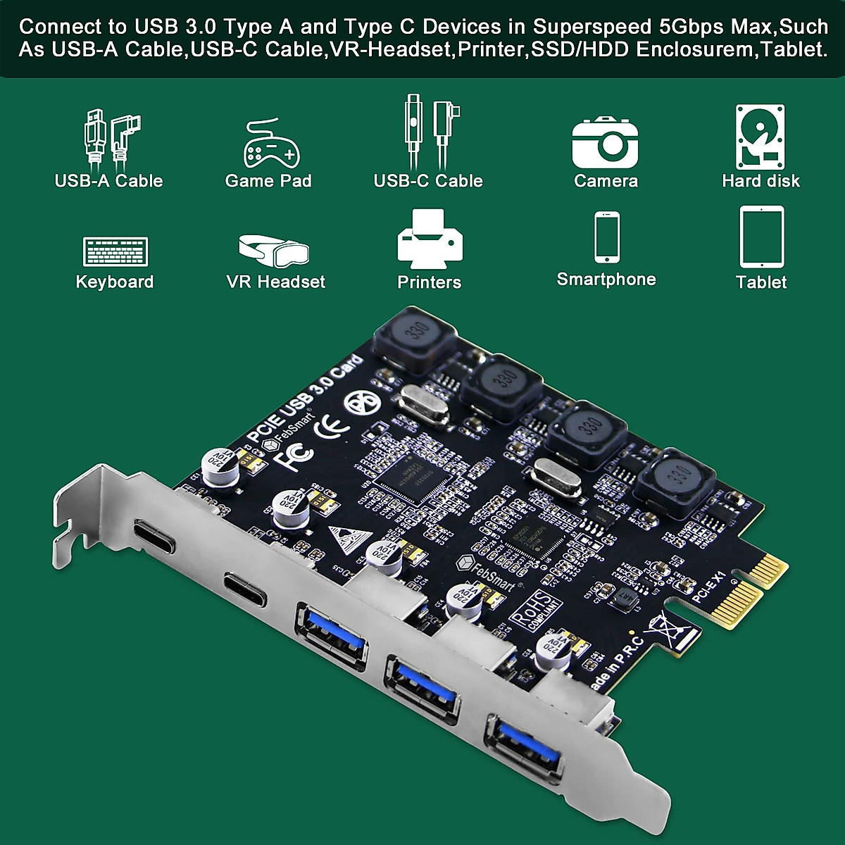 FebSmart 5-Ports Superspeed 5Gbps USB 3.0 PCIE USB Card for Windows and Linux Desktop PCs, 3X USB-A & 2X USB-C Ports, Built in Self-Powered Technology, No Need Additional Power Supply (FS-U3C2-Pro)
