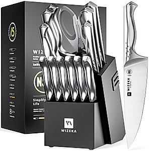 WIZEKA Kitchen Knife Set with Block, Dishwasher Safe 15 Pcs Professional Chef Knife Set with Knife Sharpener, Food Grade German Stainless Steel Knife Block Set, Jaguar Series