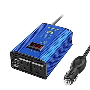 Power Inverter 300W Car Inverter DC 12V to 110V AC Converter with LED Display & 2x2.4A Dual USB Car Adapter Charger by VOLTWORKS Blue