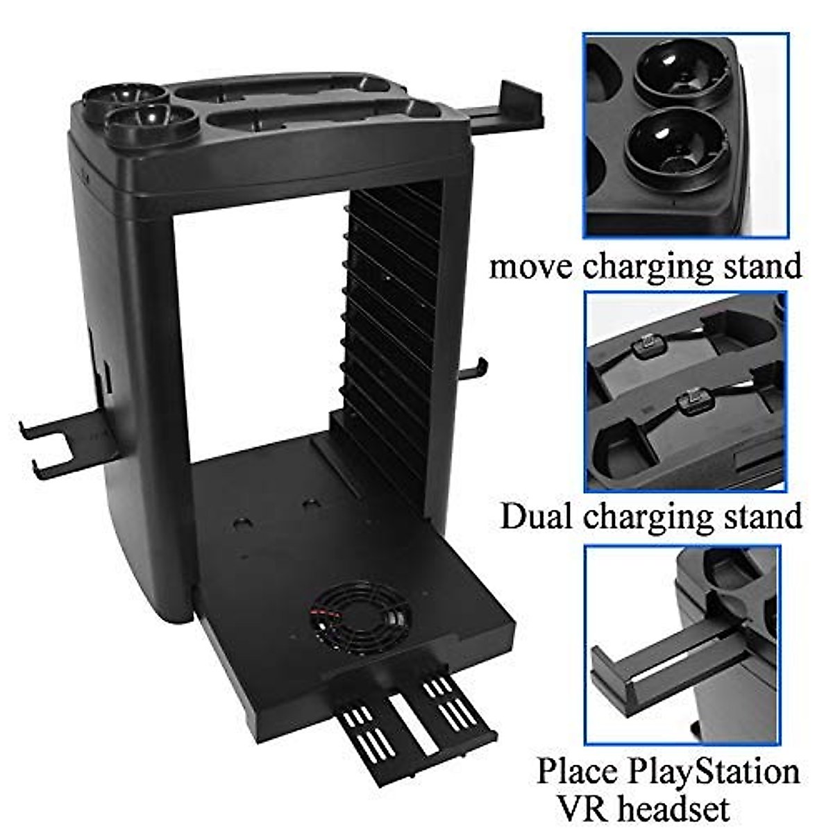 Skywin- Charging Station Compatible with PS4 VR Headset, PSVR Charging Station Stand with Game Disc Rack, Headset and Console Stand, Cooling Fan, Controller Charger and USB Hub - Multipurpose VR Stand