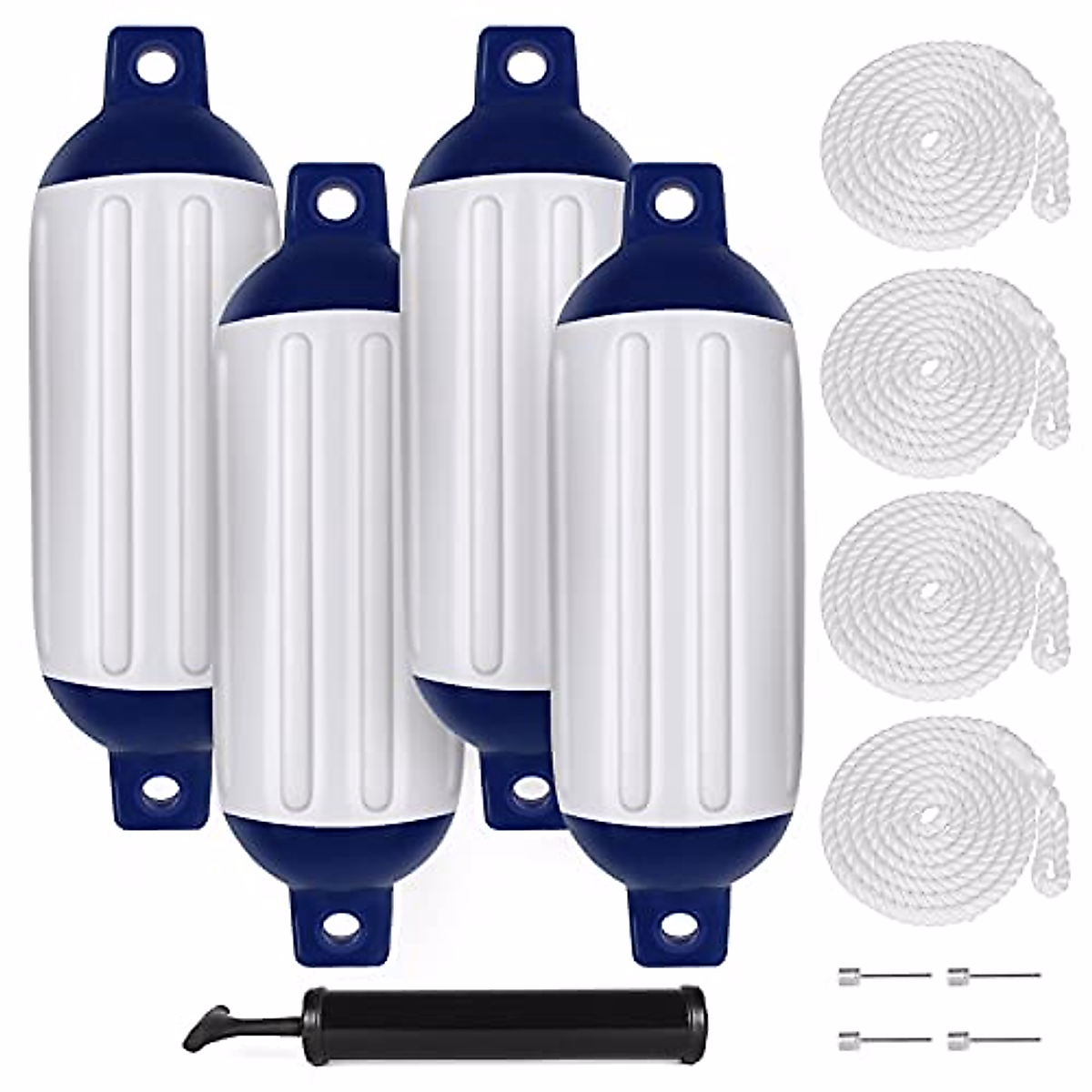 VEITHI Boat Fenders 4Pack, Ribbed Twin Eyes Vinyl Boat Fender Bumpers, Boat Bumpers for Docking Come with Ropes Needles and Pump to Inflate, Bumpers of Boats 8.5 x 27 inch White/Blue