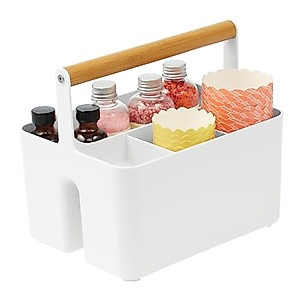 mDesign Plastic Portable Storage Organizer Kitchen Caddy Tote, Divided Bin w/Wood Handle for Napkins, Silverware, Forks, Knives, Spoons - Store in Cabinets, Counters - Aura Collection - White/Natural