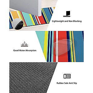 Kitchen Runner Rugs Set of 2, Colorful Stripes Yellow Teal Red Blue Wood Texture Rubber Non-Slip Area Collection Rug High Traffic Areas for Hallway,Bathroom, Laundry Room Rug Mat 16"x24"+16"x47"