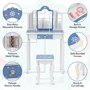Olakids Kids Vanity Set, 2 in 1 Wooden Princess Makeup Table and Chair Set with Detachable Tri-Folding Mirror Storage Drawer, Snowflake Themed Girls Pretend Beauty Dressing Play Toy Gift (Blue)