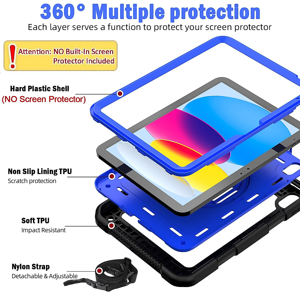 BMOUO Case for iPad (A16) 11th Generation 11" 2025/iPad 10th Generation 10.9 inch 2022, 360 Rotating Stand & Pencil Holder & Hand & Shoulder Strap Shockproof iPad 11th/10th Generation Case, Deep Blue