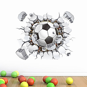 17"x16" 3D Soccer Football Cracked Wall Stickers Vinyl Decals Removable Decor for Living Room Kids Room Baby Nursery Boys Bedroom