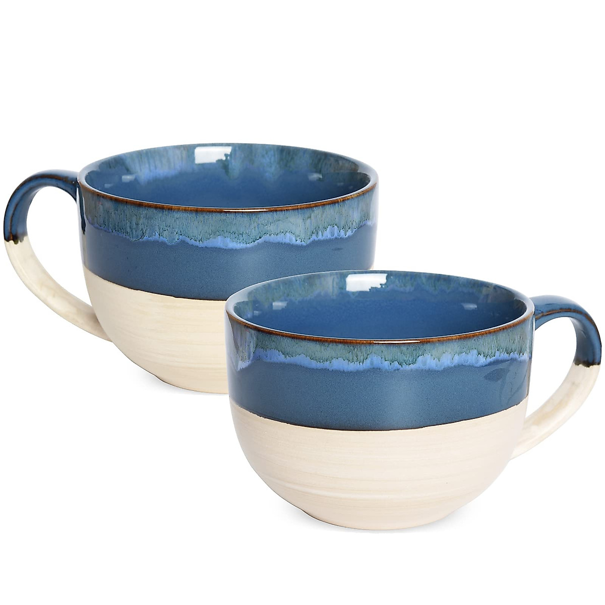 Bosmarlin Ceramic Jumbo Coffee Mug Set of 2, 23 Oz, Large Mug Soup Bowls with Handles, Dishwasher and Microwave Safe (Prussian Blue)