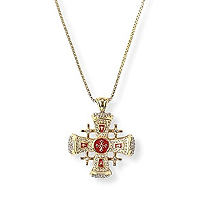 Nazareth Store Crusaders Jerusalem Cross Pendant Necklace Gold Plating 18k Enamel Crystallized Stones 1.3" (Red)
