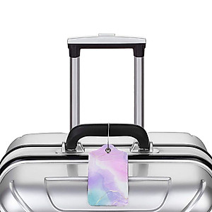 Pink Luggage Tags 2 Pack for Girls Women, Watercolor Light Purple and Cyan Blue Background Leather Suitcase Tags Identifiers, Cute ID and Name Labels with Privacy Covers for Backpack Travel Bag