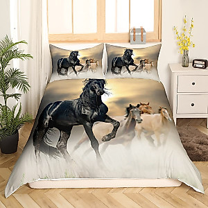 3Pcs Horse Bedding Set Queen Size Bedding Duvet Cover Horse Printed Quilt Cover 3D Animal Printed Quilt Cover for Adult Teens Kids Comforter Cover Soft Lightweight Duvet Cover Set