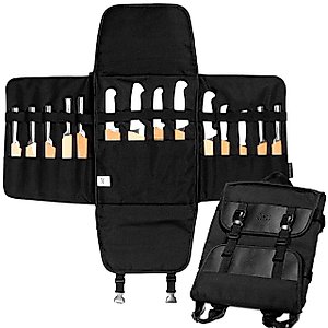 Under NY Sky Knife Bag - 14 Knife Slots, 1 Zipped Pocket for Kitchen Utensils, Large Pocket for Notebooks - Expandable - Sturdy Nylon Backpack (Black)